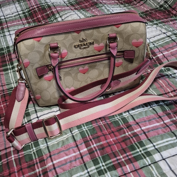 Coach | Bags | Coach Rowan Heartpatterned Pink And Tan Satchel | Poshmark